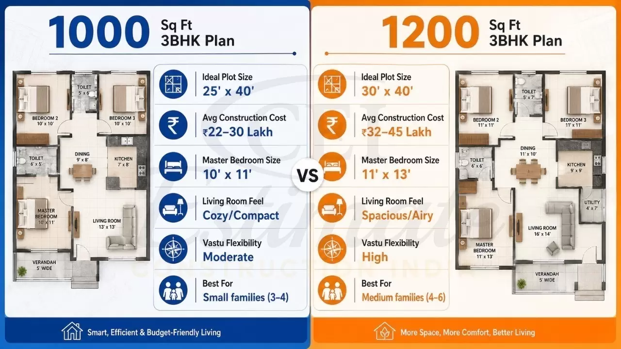 Best 1000 to 1200 Sq Ft 3BHK House Plans for Middle Class Families in ...